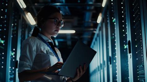 Premium Photo Woman Holding Laptop In Server Room