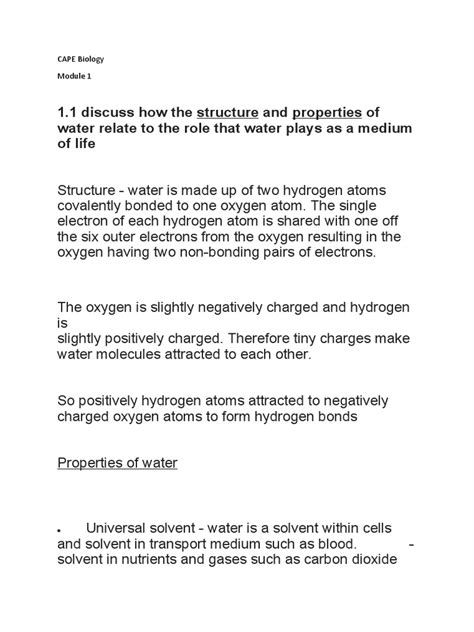 Cape Biology Notes Module 1 Pdf Water Glucose