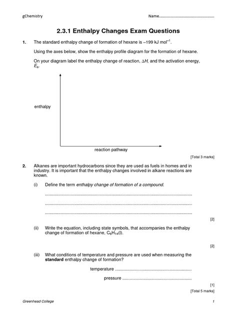 Enthalpy Questions Pdf Methane Enthalpy