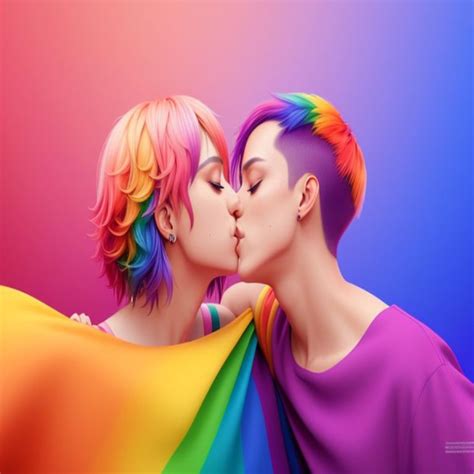 A Couple Kissing In Front Of A Colorful Background With A Rainbow Colored Background Premium