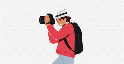 사진 촬영 개념입니다 여성 사진작가 저널리스트 사진 카메라를 가진 여행자 캐릭터가 사진을 찍는다 여성 파파라치 특파원 직업 창의적인 취미 또는 활동 만화 벡터