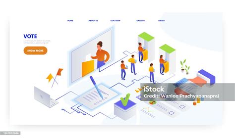 투표 방문 페이지 디자인 웹 사이트 배너 벡터 템플릿 유권자는 후보를 선택합니다 선거일 투표소 기표소에 대한 스톡 벡터 아트 및 기타 이미지 Istock