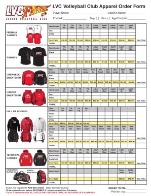 Fillable Online LVC Volleyball Club Apparel Order Form Fax Email Print PdfFiller