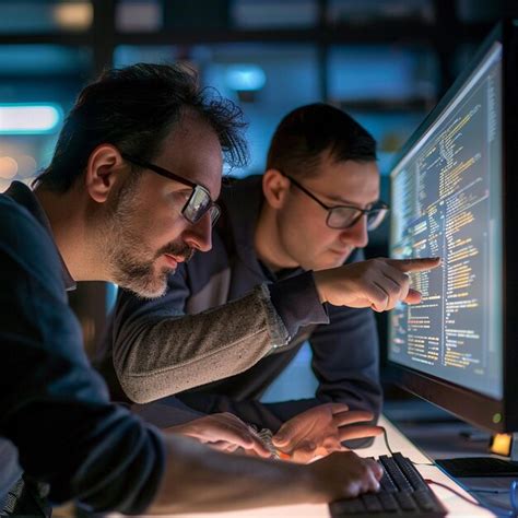 Closeup Of Computer Programmers Discussing Over Computer Monitor In