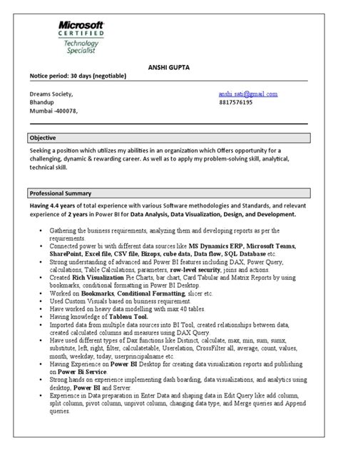 power bi developer resume anshi gupta pdf microsoft excel sql