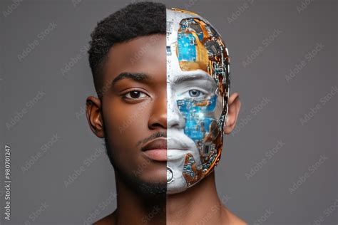 Male Face Split Between Human And Neural Network Design Representing