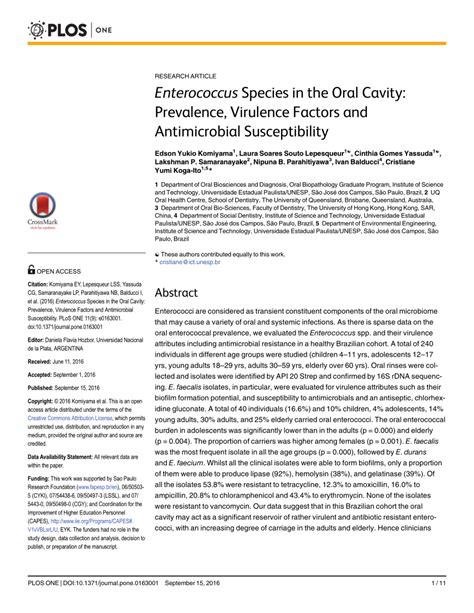 Pdf Enterococcus Species In The Oral Cavity Prevalence Virulence Factors And Antimicrobial