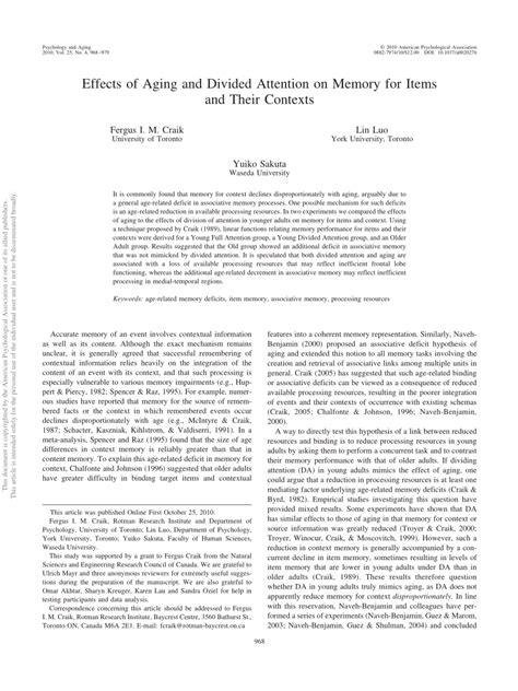 Pdf Effects Of Aging And Divided Attention On Memory For Items And
