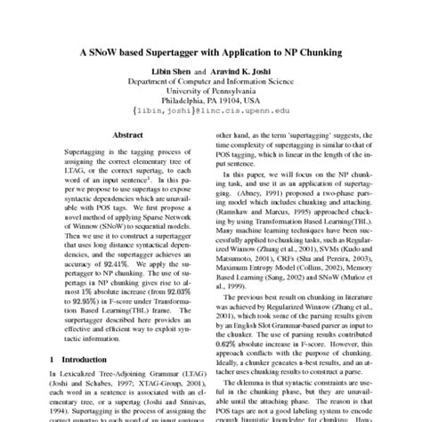 A Snow Based Supertagger With Application To Np Chunking Acl Anthology