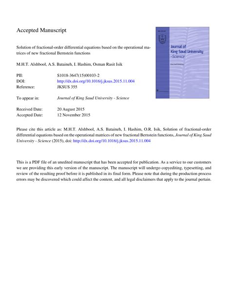 Pdf Solution Of Fractional Order Differential Equations Based On The Operational Matrices Of