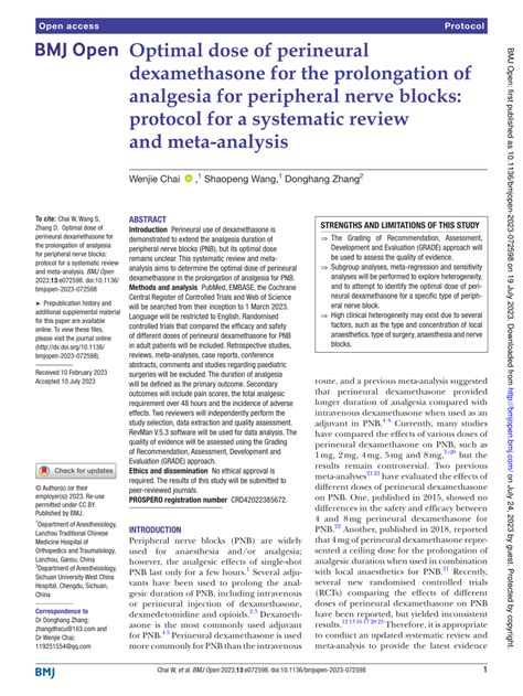 Pdf Optimal Dose Of Perineural Dexamethasone For The Prolongation Of Analgesia For Peripheral