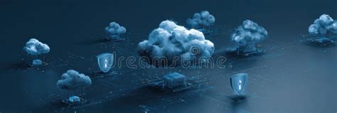 Vault Style Cloud Storage Visualization Featuring Protective Shields And Interconnected Clouds