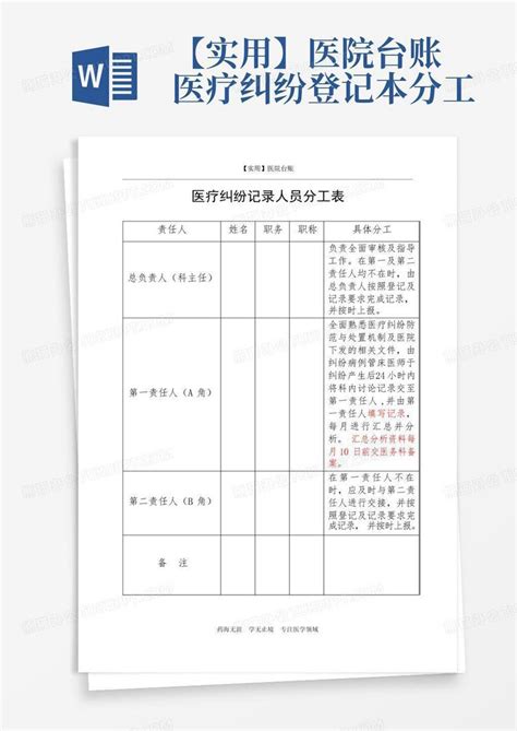 【实用】医院台账 医疗纠纷登记本分工word模板下载编号qwyazgkp熊猫办公