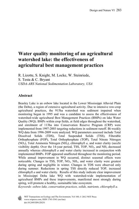 Pdf Water Quality Monitoring Of An Agricultural Watershed Lake The