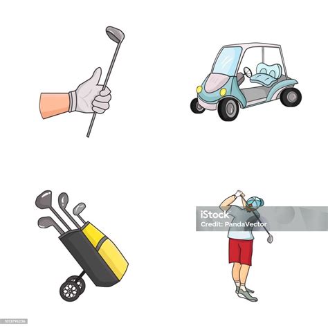 Gloved 손을 막대기 골프 카트 트롤리 가방 가방에 막대기와 막대기로 망치 질 하는 남자 골프 클럽 만화 스타일 벡터 기호 재고 일러스트 웹에서 컬렉션 아이콘을
