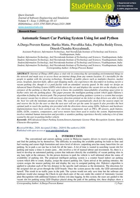Smart Car Parking System Using Iot Pptx