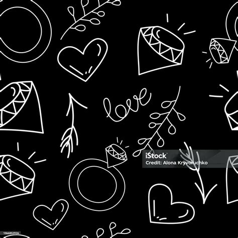 벡터 손으로 그린 결혼 반지 가지 다이아몬드 하트 화살표 비문과 원활한 사랑 패턴 만화 스타일로 스케치합니다 엽서 인쇄 파티 발렌타인 데이 섬유 포장용 템플릿 0명에 대한