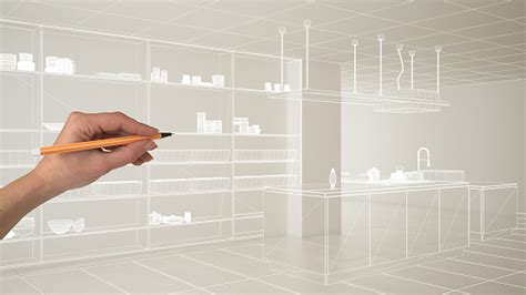 흰색 세라믹 대리석 타일 바닥 손으로 그리기 사용자 정의 아키텍처 디자인 흰색 잉크 스케치 현대 미니 멀 한 부엌 개념 모의업 아이디어를 보여주는 청사진 빈 흰색 인테리어