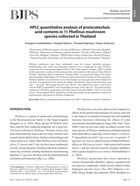 Pdf Hplc Quantitative Analysis Of Protocatechuic Acid Contents In 11 Phellinus Mushroom