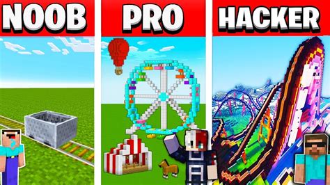 Minecraft NOOB Vs HACKER AMUSEMENT Park Build Challenge YouTube