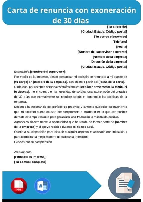 Carta De Renuncia Con Exoneración De 30 Días