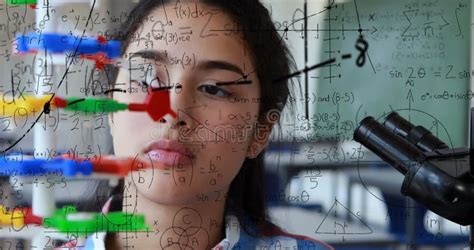 Image Of Mathematical Formulae Over Student Using Microscope Stock