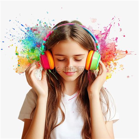 带着彩色耳机享受音乐的小女孩素材图片免费下载 千库网