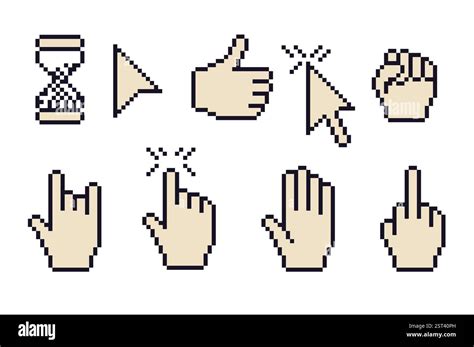 pixel art retro cursors hands 8 bit pointers arrows and hourglass