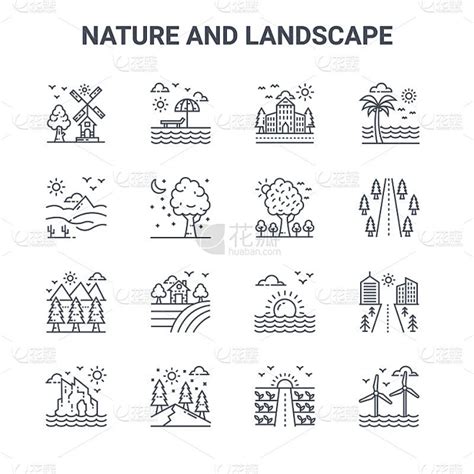 一组16自然和景观概念向量线图标。沙滩、沙漠、道路、日出、山谷、风能、田野、树木、热带等图标素材 花瓣网