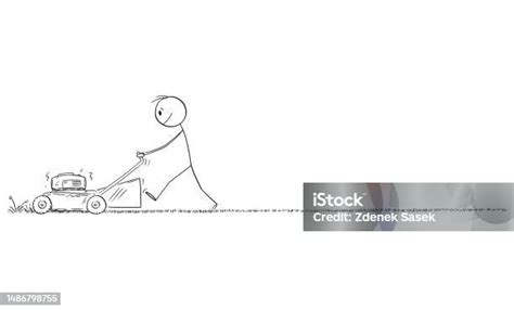 잔디 깎는 기계로 잔디를 움직이거나 자르는 정원사 벡터 만화 막대기 그림 그림 가공의 인물에 대한 스톡 벡터 아트 및 기타