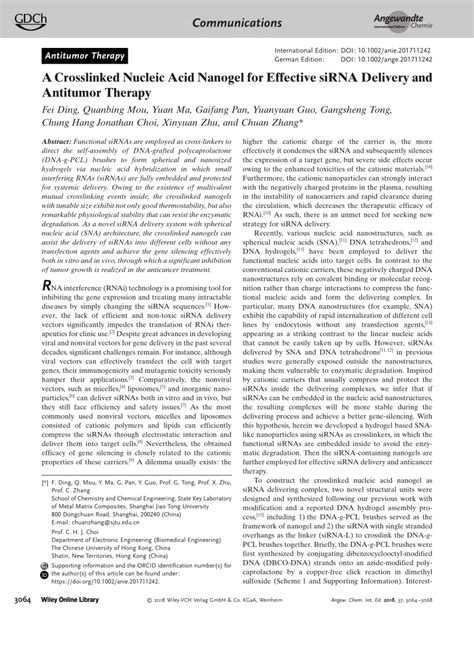 Pdf A Crosslinked Nucleic Acid Nanogel For Effective Sirna Delivery And Antitumor Therapy