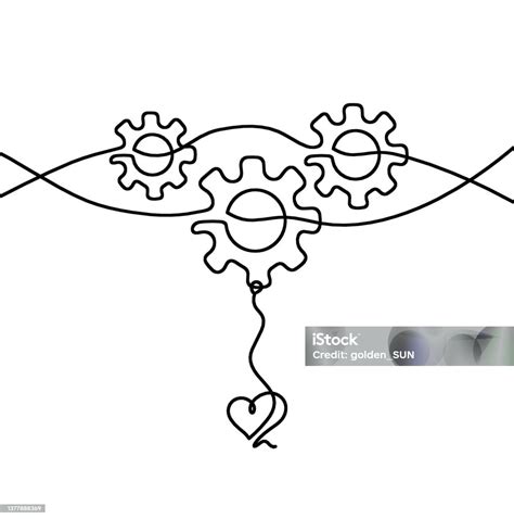 흰색 배경에 라인 그리기로 하트와 추상 둥근 금속 기어 바퀴 개념에 대한 스톡 벡터 아트 및 기타 이미지 개념 개발 격언 Istock