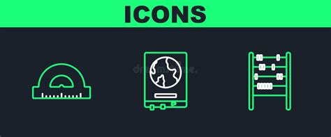 Set Line Abacus Protractor Grid For Measuring Degrees And World Map On Babe Blackboard Icon