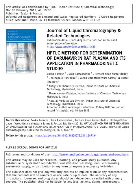 Pdf Hptlc Method For Determination Of Darunavir In Rat Plasma And Its Application In