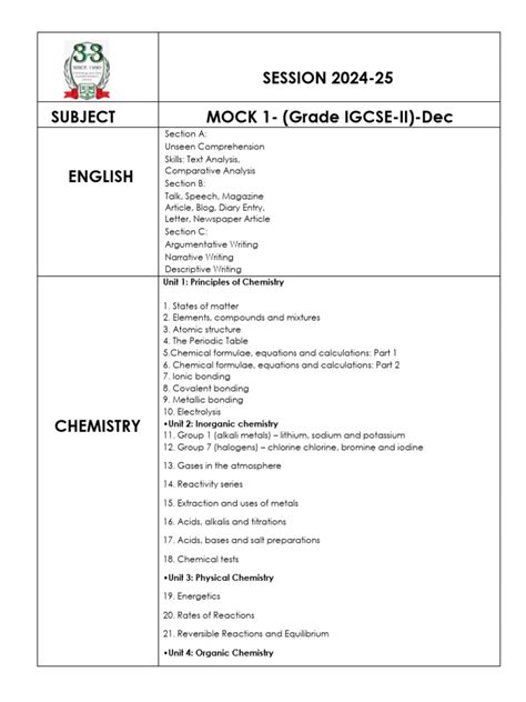 Igcse 2 Mock 1 Syllabus Dec 2024 25 Pdf Chemistry Chemical Reactions