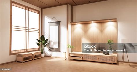 현대적인 빈 방에 있는 목재 캐비닛과 흰색 바닥 객실 의 흰색 벽은 일본 스타일입니다 3d 렌더링 거실에 대한 스톡 사진 및 기타 이미지 Istock