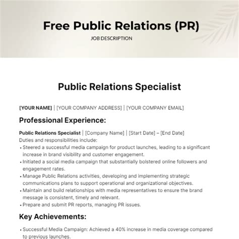Free Public Relations Pr Job Description For Resume Template To Edit Online