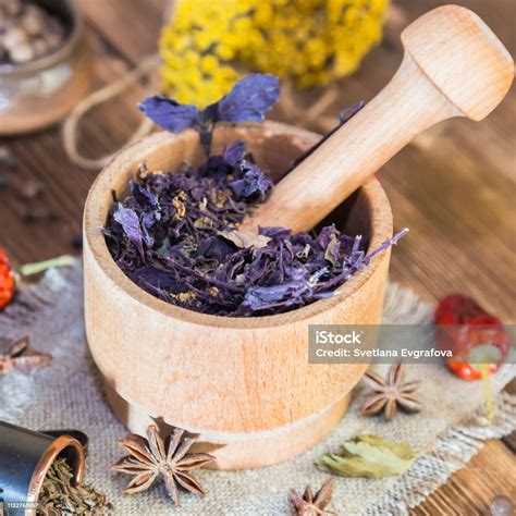 치료와 매운 향신료를 위한 향기로운 말린 치유 허브 모 르 타르의 식탁에는 소박한 스타일의 바 질 Tansy 후추 칠리와 카 다 멈이 있습니다 0명에 대한 스톡 사진 및