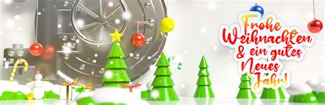 겨울 장식이있는 은행에있는 금고의 큰 둥근 문 독일어로 메리 크리스마스와 새해 복 많이 받으세요 비문과 함께 금융을 주제로 한