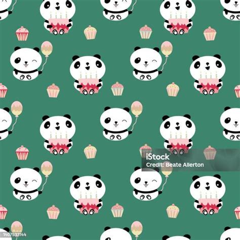 카와이 팬더 생일 축하 벡터 원활한 패턴 배경 케이크 풍선 컵 케이크를 들고 웃는 만화 곰이있는 귀여운 배경 어린이 생일 축하를위한 녹색 성별 중립적 인 반복 0명에 대한
