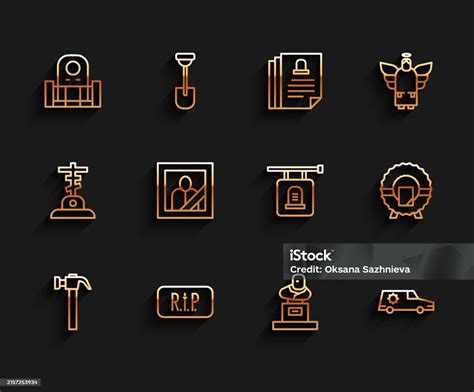 세트 라인 망치 말풍선 찢어 죽음 묘비와 무덤 영구차 애도 사진 프레임 기념 화환 및 간판 아이콘 벡터 0명에 대한 스톡 벡터 아트 및 기타 이미지 Istock