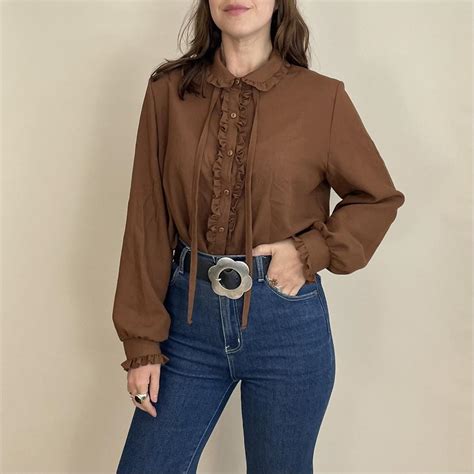 70s Brown Ruffle Shirt Cotton Poly Blend Depop
