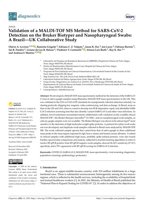 Pdf Validation Of A Maldi Tof Ms Method For Sars Cov 2 Detection On The Bruker Biotyper And
