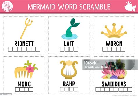 단어 스크램블 카드가 있는 벡터 인어 활동 페이지입니다 바다 공주 꼬리 삼지창 아이들을 위한 하프와 영어 게임 바다 왕국 가족 퀴즈 해양 교육 인쇄용 워크시트 0명에 대한