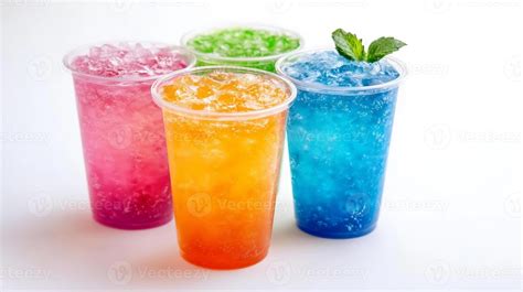 Vibrant Assorted Flavored Summer Drinks With Ice Cups On White