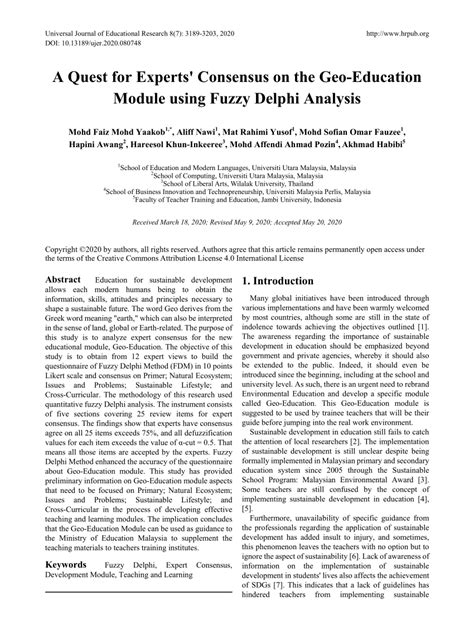 Pdf A Quest For Experts Consensus On The Geo Education Module Using Fuzzy Delphi Analysis