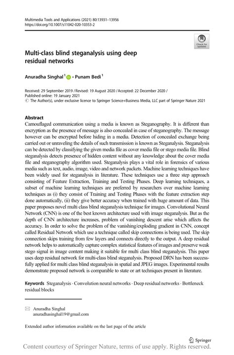 Multi Class Blind Steganalysis Using Deep Residual Networks Request Pdf