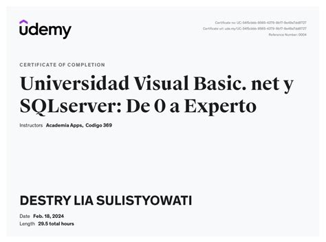 Completed Visual Basic Net Y Sqlserver Course On Udemy Destry Lia Sulistyowati Posted On The