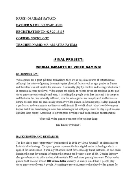 Final Project Sociology Solved Pdf Video Games Knowledge