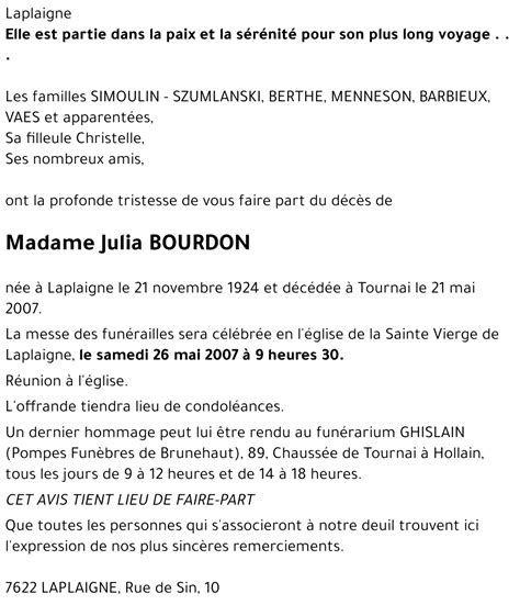 Avis De Décès De Julia Bourdon Décédé Le 21052007 à Tournai Annonce